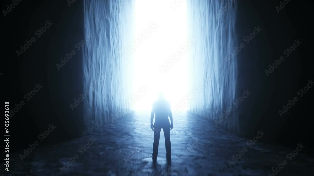a lonely man stands in front of a light portal. Realistic 4k animation ...