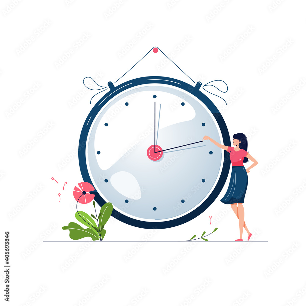 Daylight saving time vector illustration. Woman turns the hand of the ...