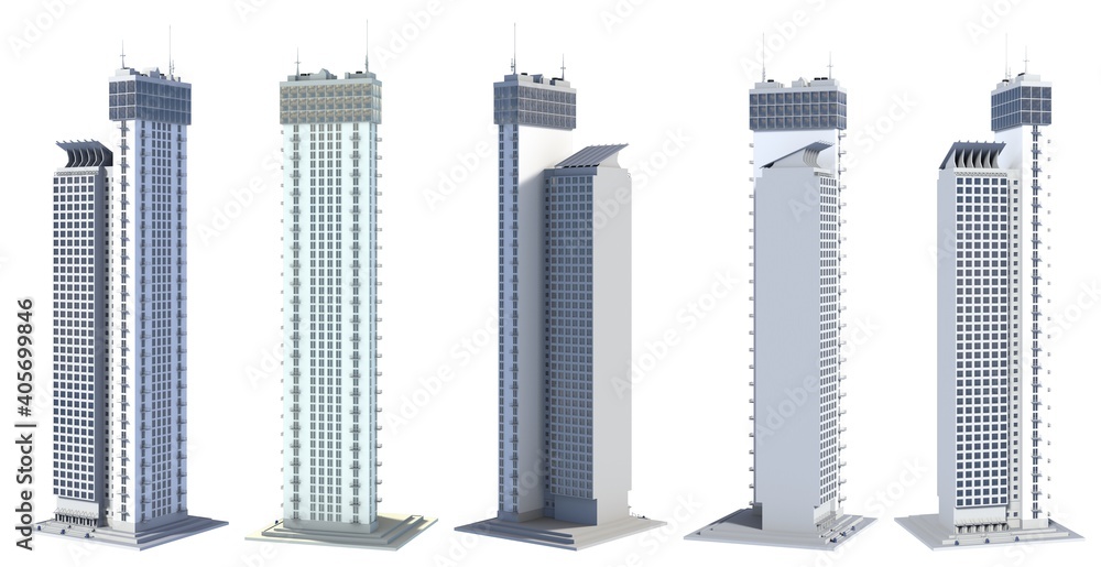 Set of 5 renders of fictional design abstract buildings living towers ...