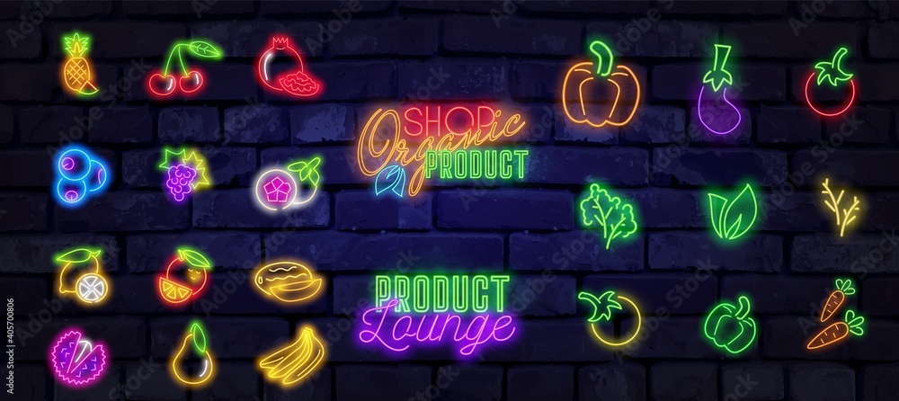 Set of neon icons of fruits and berries. Pear, cherry, tropical ...