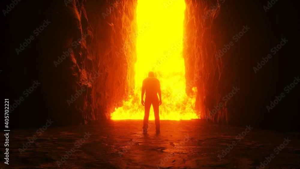 Sinner. A lonely sinfull man stands in front of a hell gates. Hell fire ...