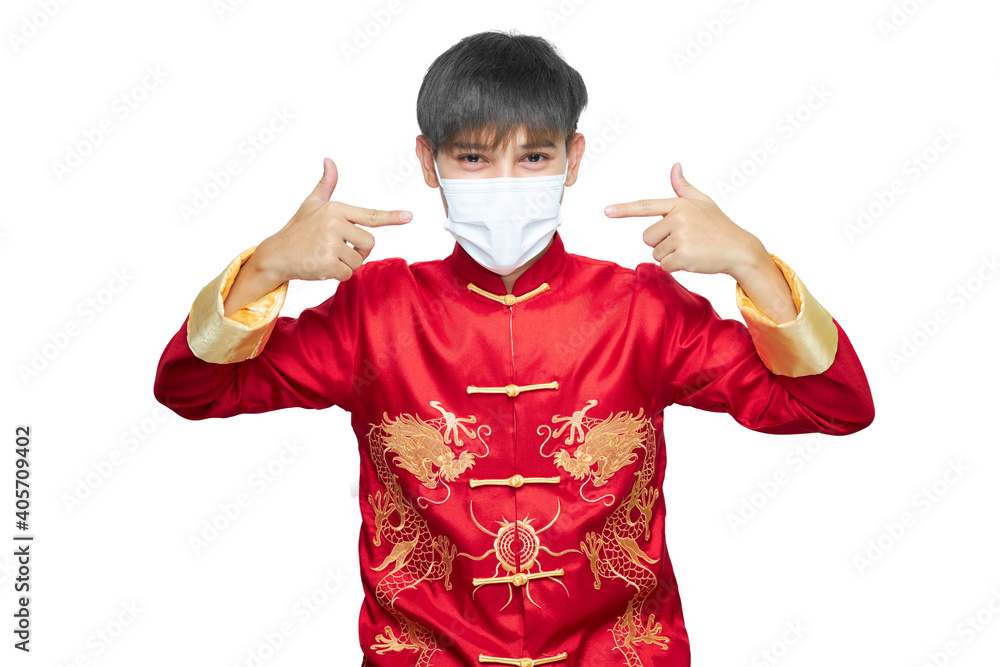 Asian man in red mandarin collar dress wearing Anti virus mask isolated ...