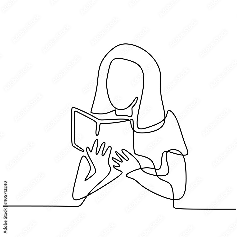 Continuous one line drawing of a girl reading book. Cute woman focus on ...