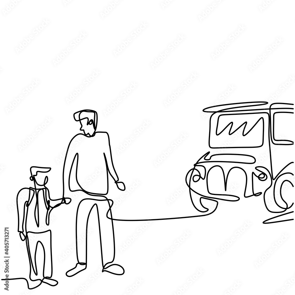 Continuous one line drawing of young father takes her child to school ...