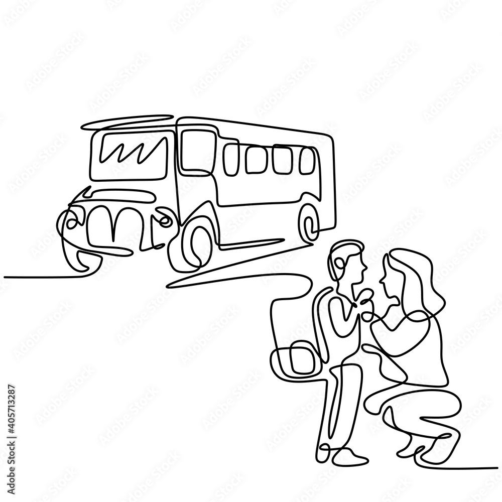 Continuous one line drawing of young mother takes her child to school ...