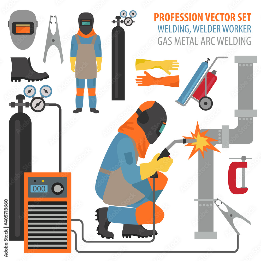 Profession and occupation set. Metal welding equipment, gas cutting ...