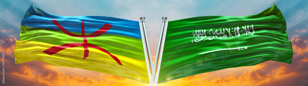 Double Flag Saudi Arabia and Amazigh Kabyle flag waving flag with ...