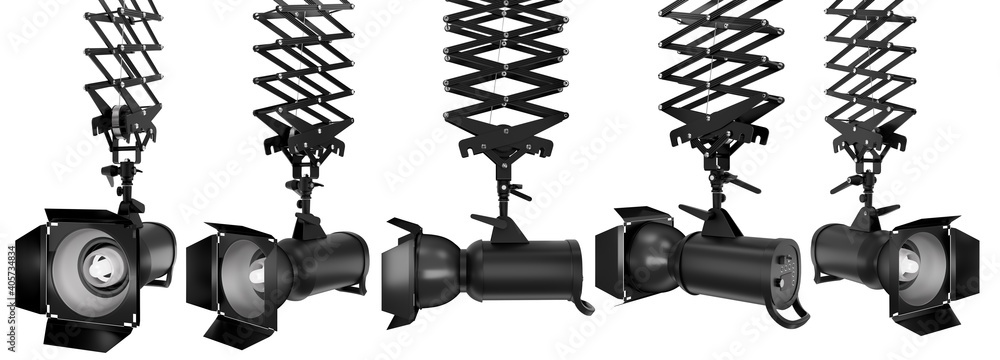 Photography studio flash on ceiling pantograph isolated on white with ...