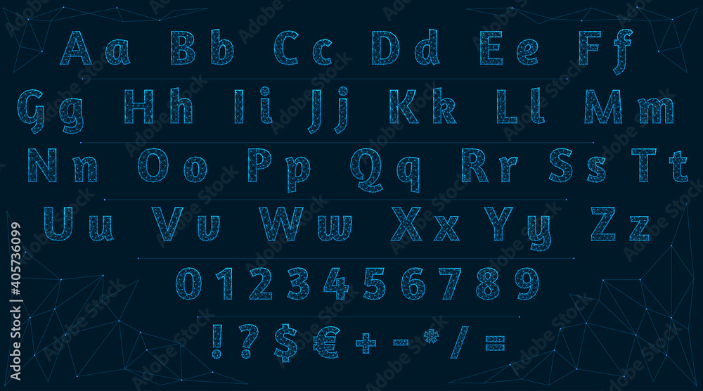 Low poly font. Polygonal letters, numbers and signs. Alphabet made of ...