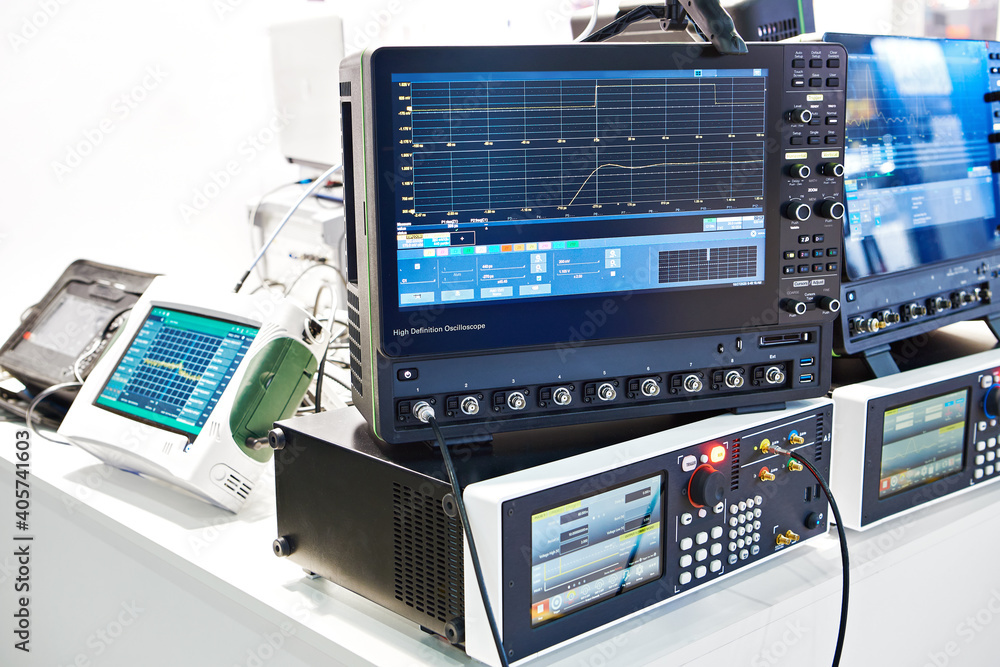 High-resolution digital oscilloscope and electronic devices Stock Photo ...