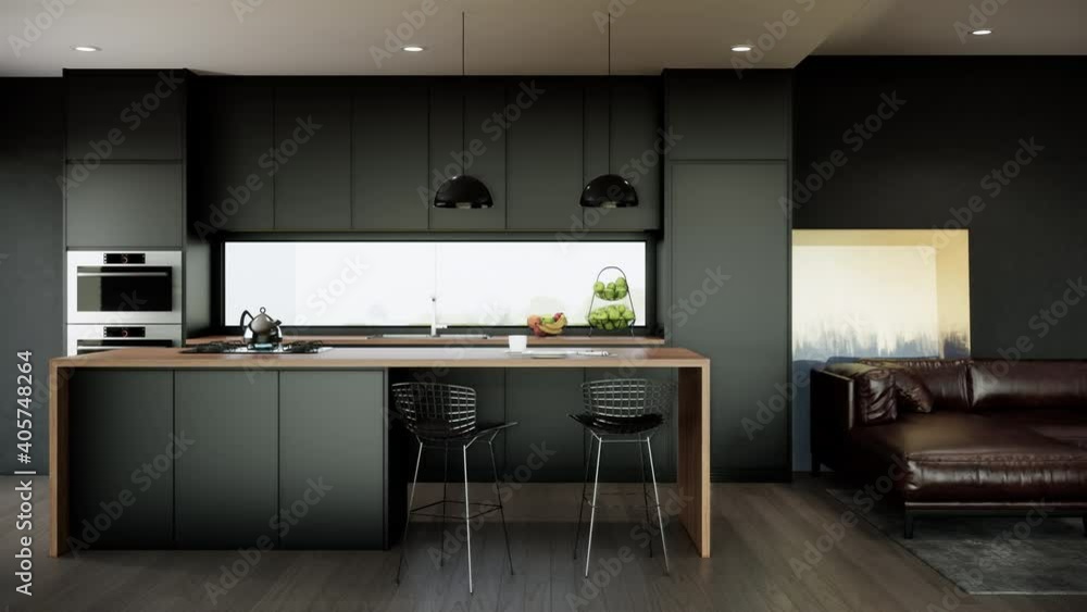 modern kitchen interior with living room. 3d animation video 4k Stock ...