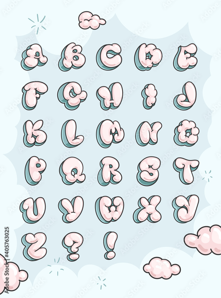 Soft clouds letters. Vector color illustration for kids design. Bubble ...