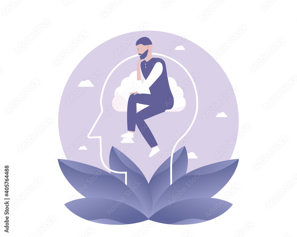 A man thinks. A man sits on his brain in his head. A metaphor for ...