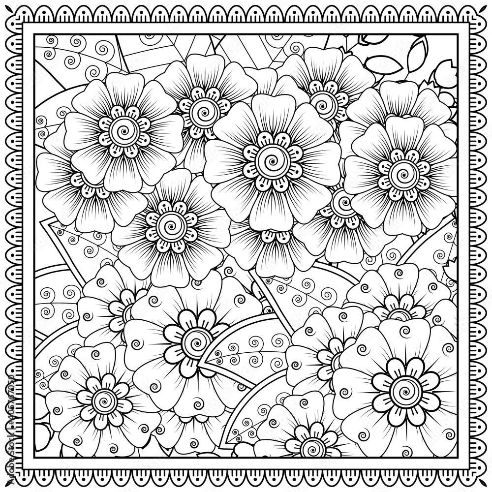 Outline square flower pattern in mehndi style for coloring book page ...