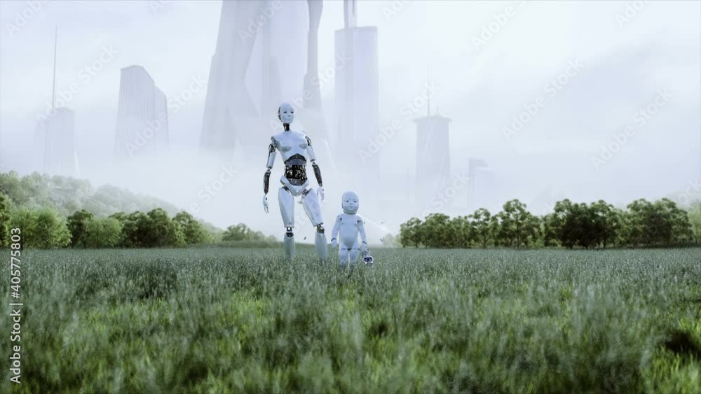 mother robot with her baby robot in the meadow on the background of a ...