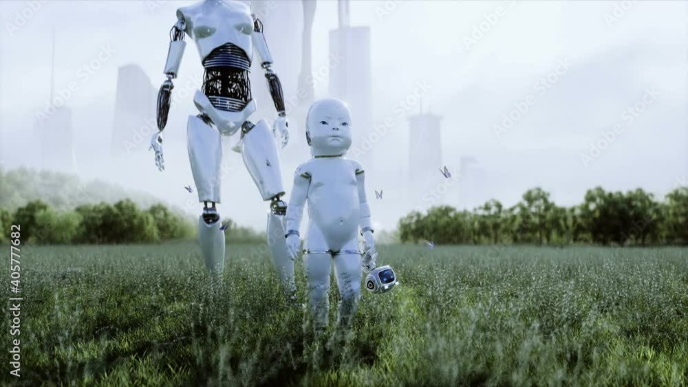 Vidéo Stock mother robot with her baby robot in the meadow on the ...