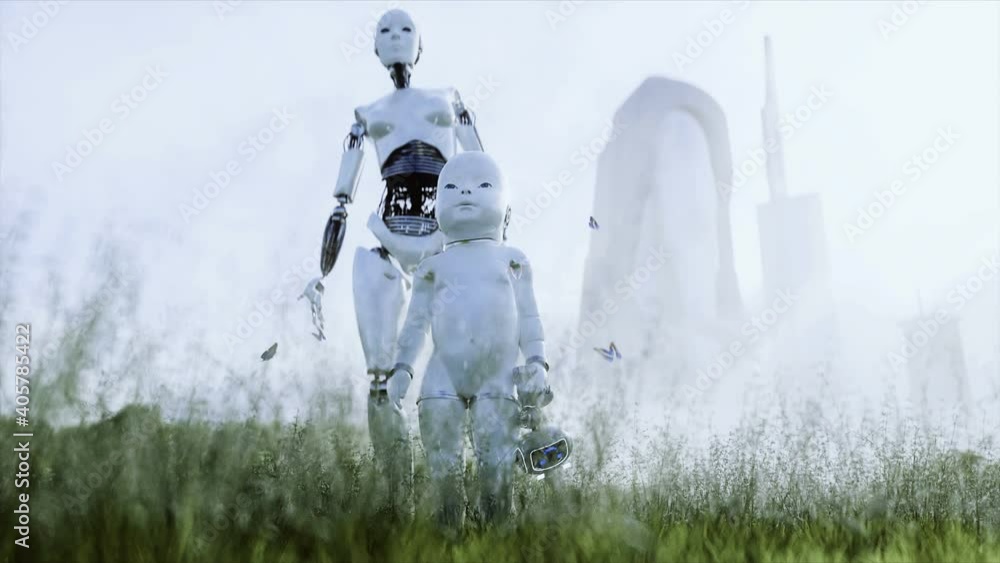 mother robot with her baby robot in the meadow on the background of a ...