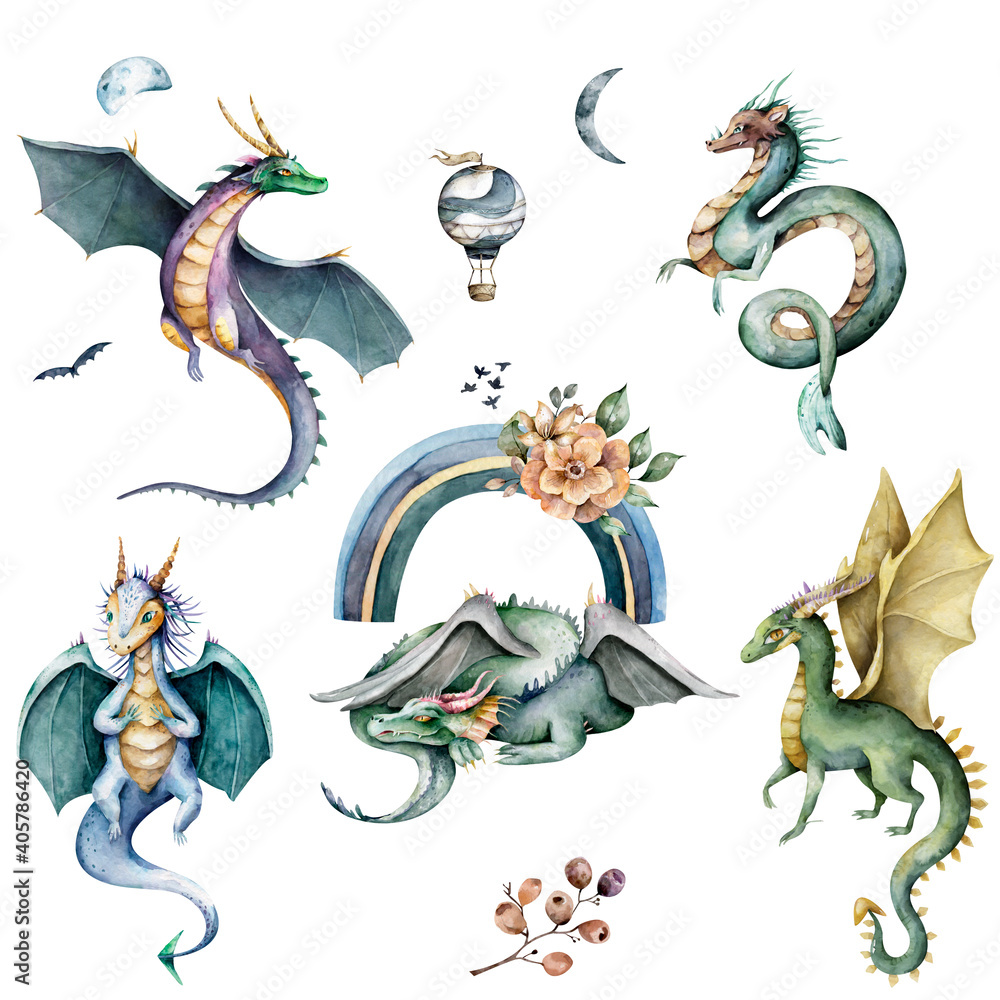 Set of fairytale Dragons. Hand drawn watercolor cute mythology cartoon ...