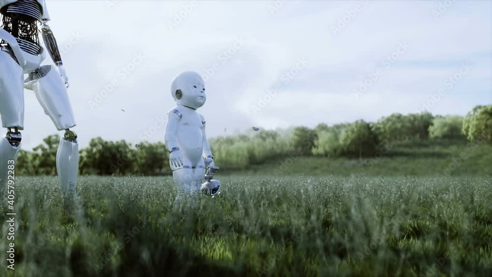 mother robot with her baby robot in the meadow on the background of a ...