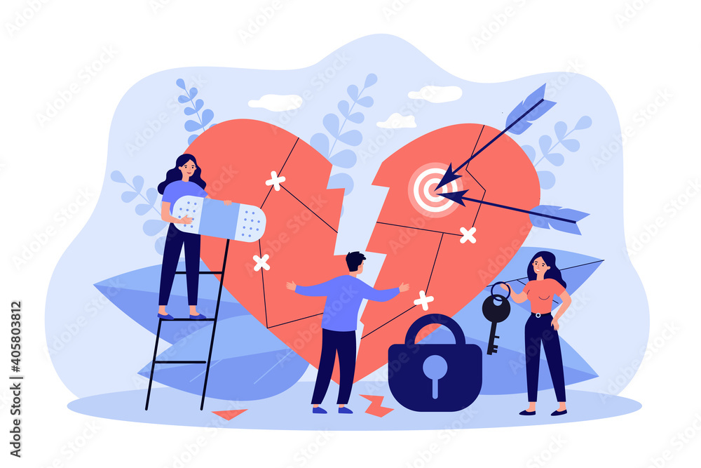 Tiny people curing broken heart flat vector illustration. Cartoon ...