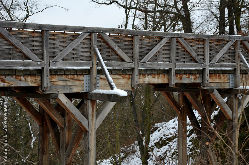 Medieval oak wood, bolted. A bridge over a moat built according to a ...