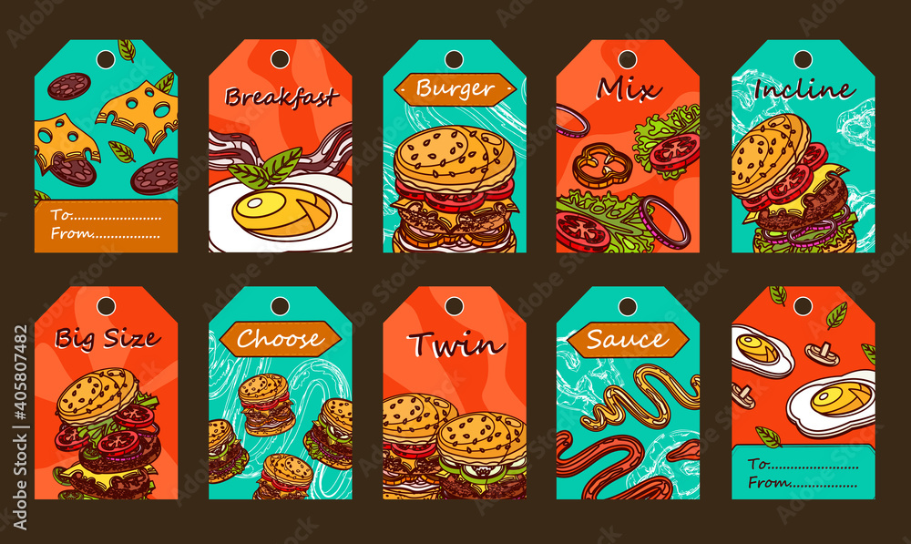 Special tag designs with burgers. Sliced ingredients, sauce and fried ...