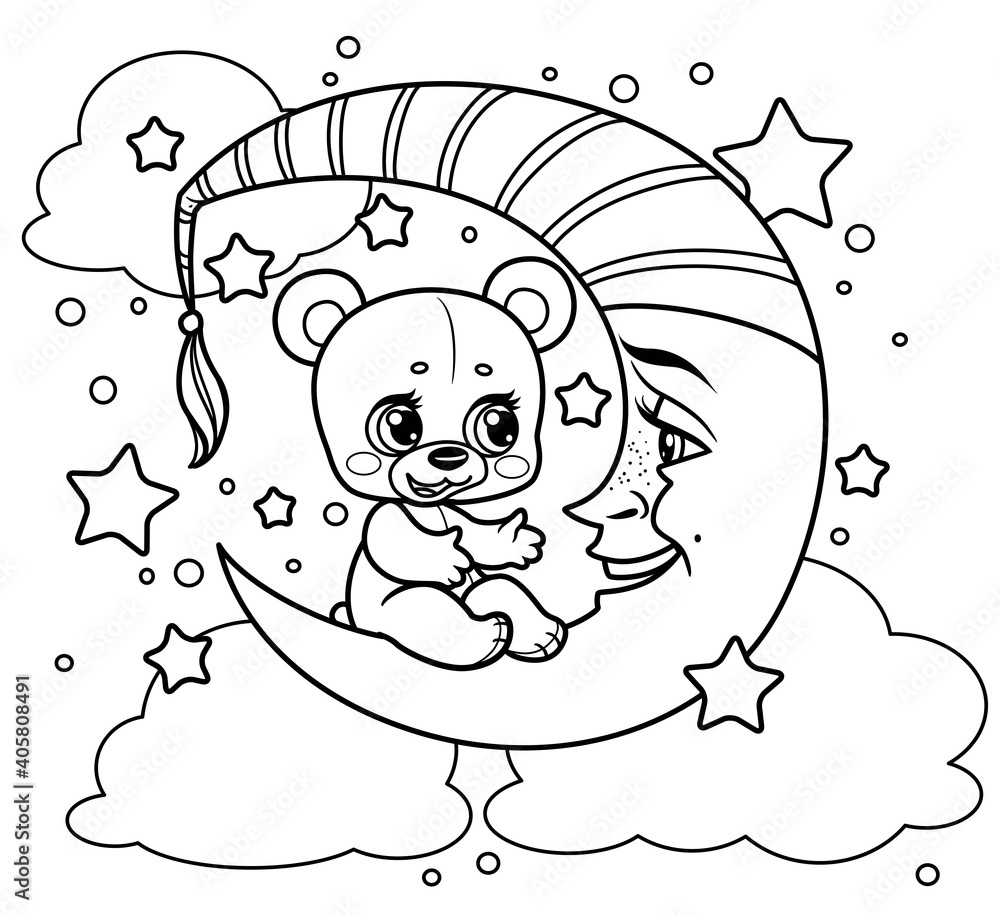 Cute cartoon teddy bear sits on the crescent moon and tells something ...