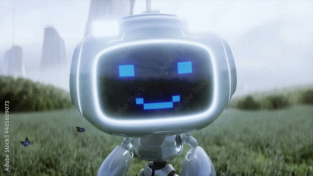 Funny toy robot in the meadow on the background of a futuristic city ...