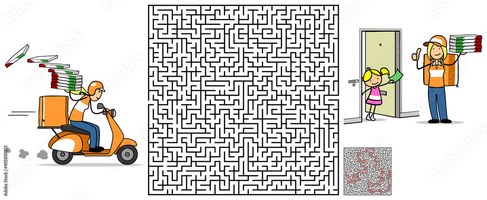 Cartoon Lieferservice liefert Pizza aus als Quadrat Labyrinth Spiel mit ...