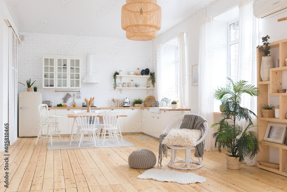 cute cozy light interior design of the apartment with a free layout of ...