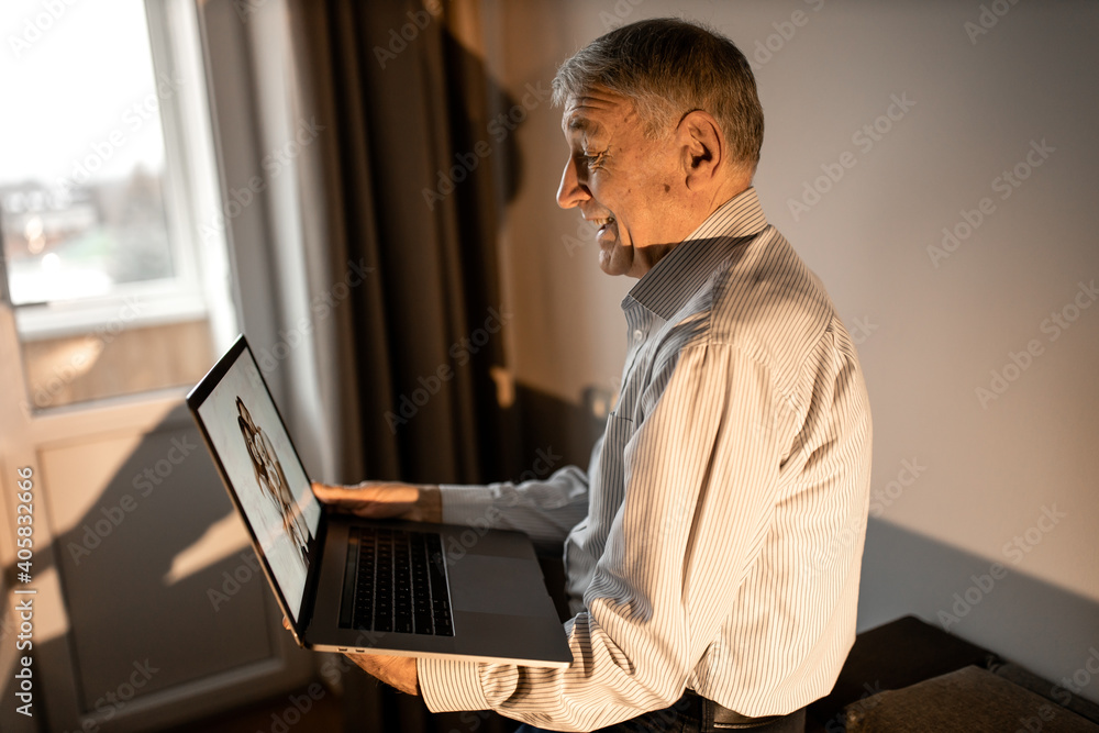 Mature happy man sit on the sofa, looking at the laptop screen. Older ...