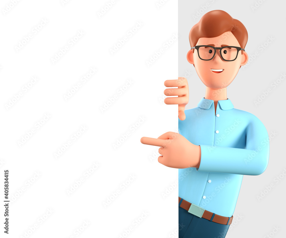 3D illustration of happy man pointing finger at blank presentation or ...