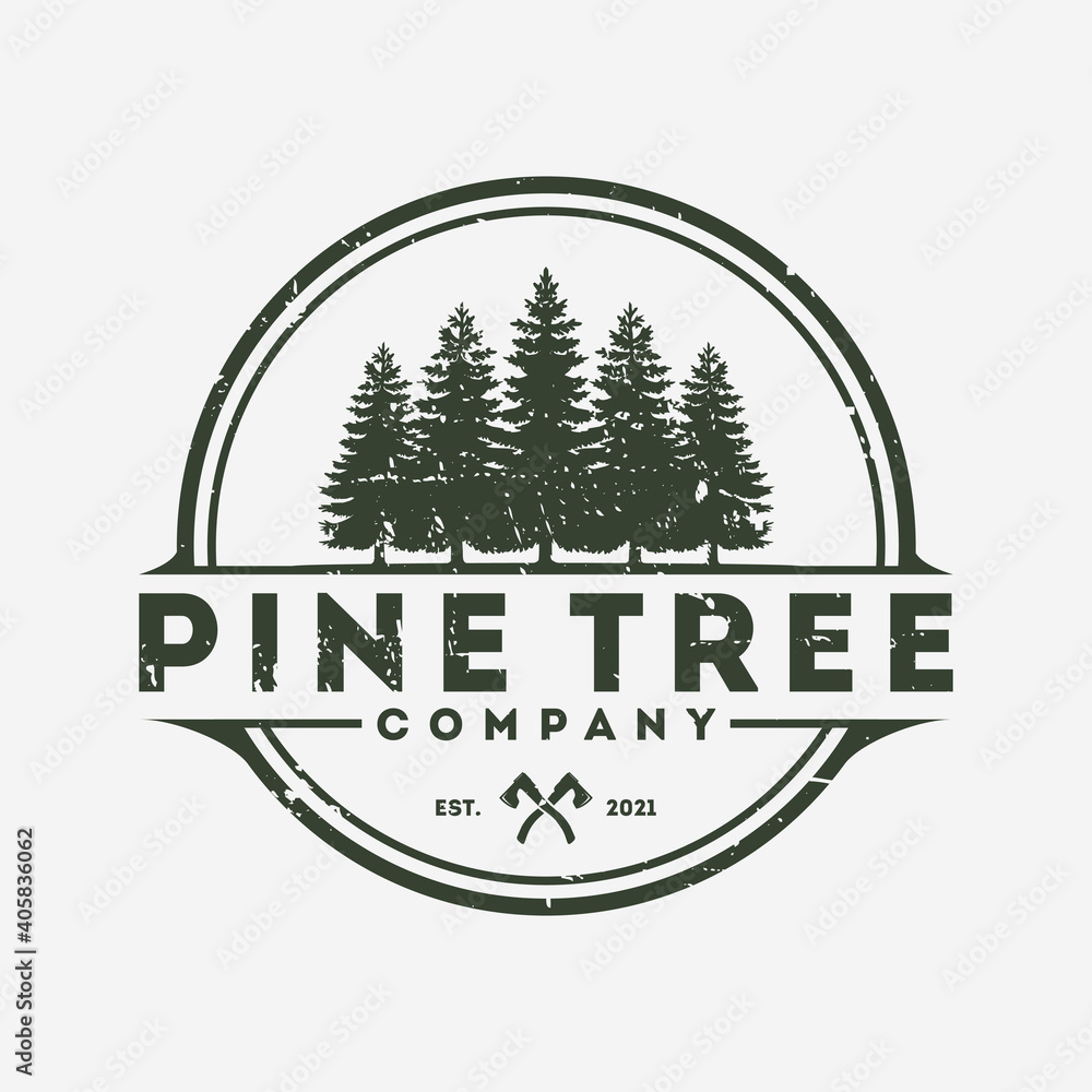 pine trees logo vintage style, rustic retro, design template, vector ...