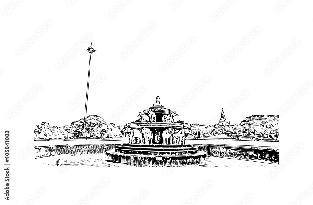 Building view with landmark of Dawei is the city in Myanmar. Hand drawn ...