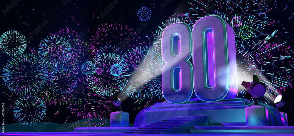 Number 80 in solid and thick form on a pedestal illuminated by 4 ...