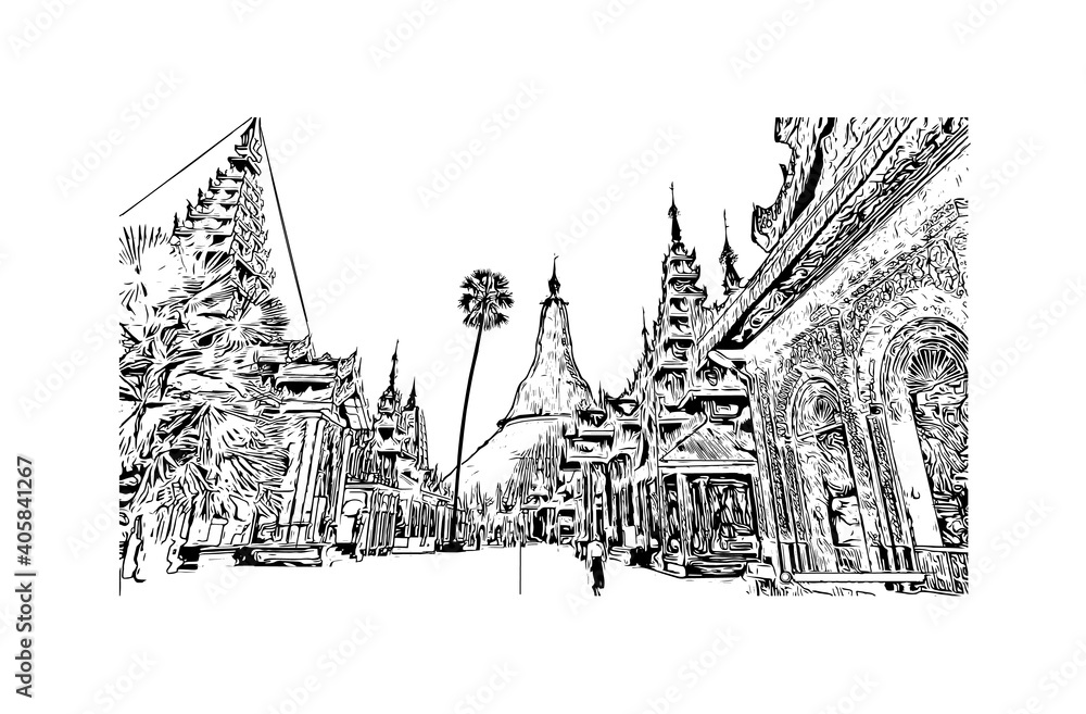 Building view with landmark of Dawei is the city in Myanmar. Hand drawn ...