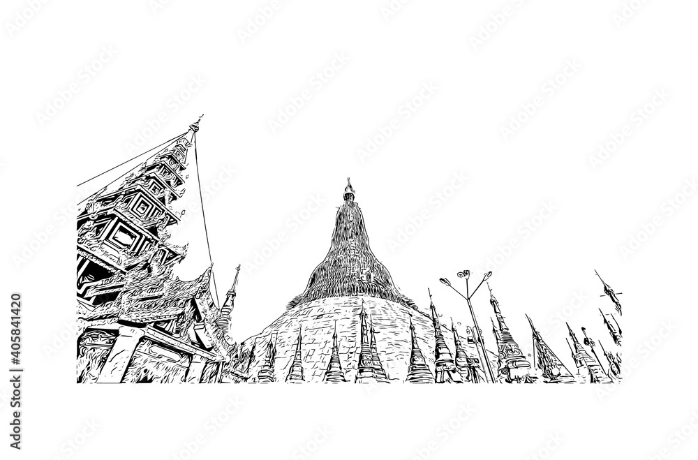 Building view with landmark of Dawei is the city in Myanmar. Hand drawn ...