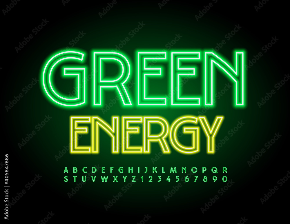 Vector eco poster Green Energy. Elegant Illuminated Font. Led Neon ...