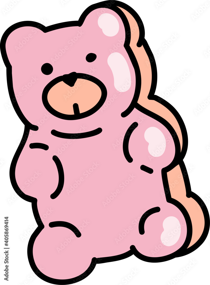 Cute Pink Gummy Bear Jelly Fruit Candy Linear Colored Doodle Style Vector On Isolated White