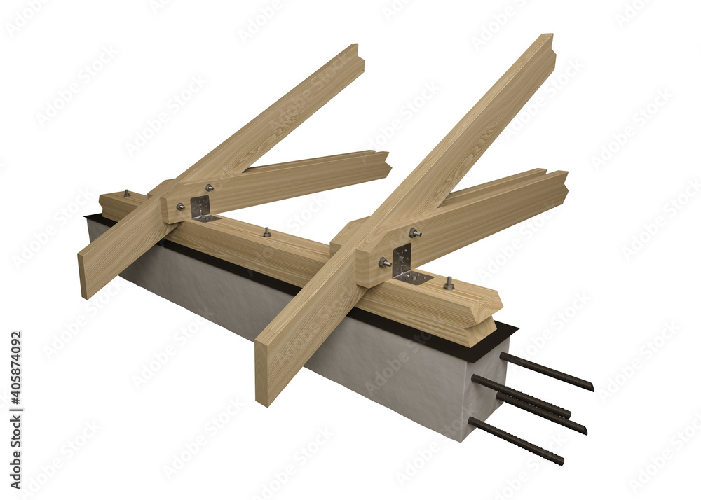 Detail of the roof construction node on a white background. Fixing two ...