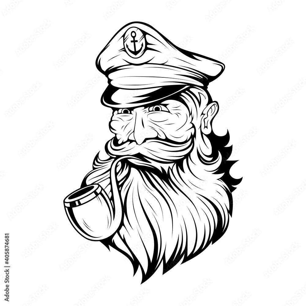 Bearded ship captain. Sailor head. Sea dog. Sailor Portrait. Captain ...