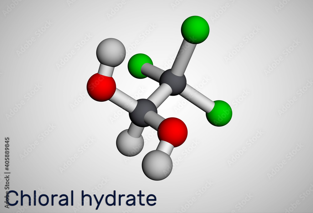 Chloral hydrate. geminal diol, anesthetic molecule. A synthetic ...