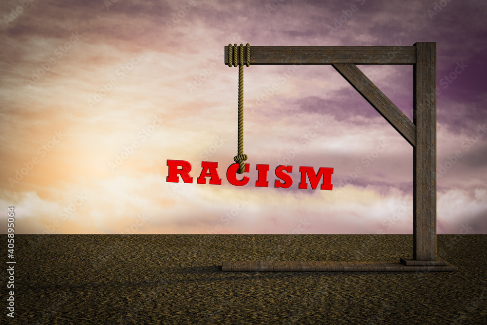 Letters of racism hang from a gallows demonstrating racism danger and ...
