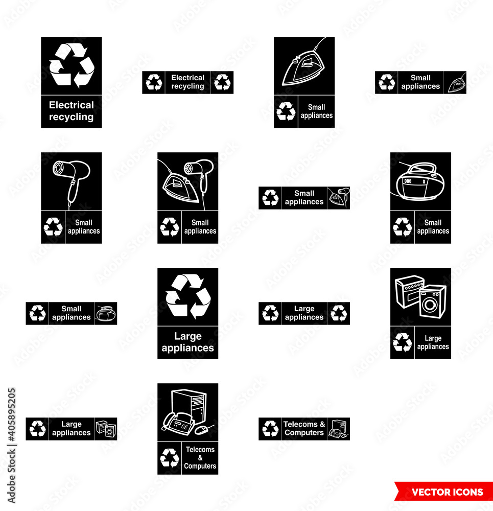 Electrical recycling signs icon set of black and white types. Isolated ...
