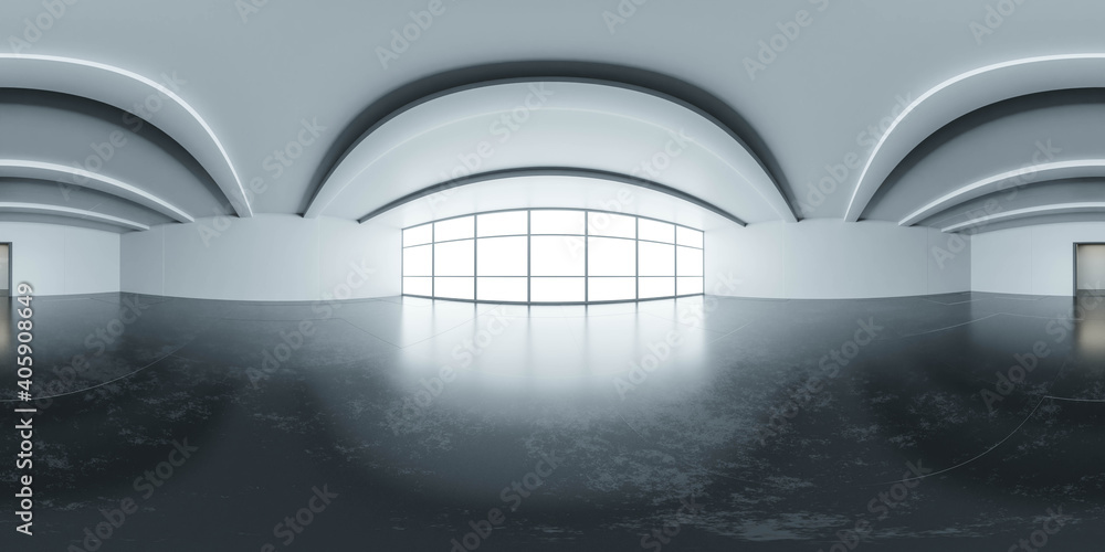 360 degree panorama view of big bright room with big windows and dark ...