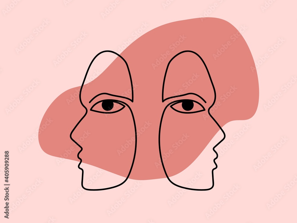 Abstract faces twins illustration. One line portrait of two beautiful ...