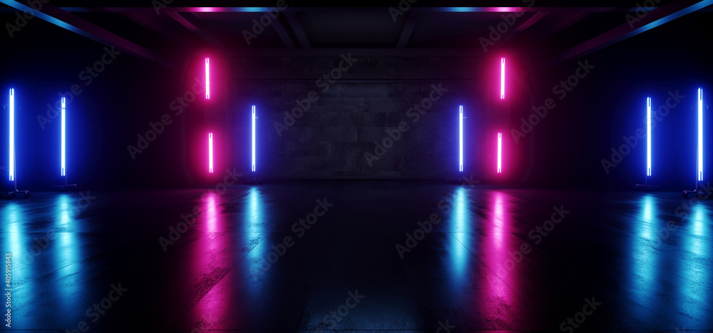 Neon Purple Blue Fluorescent Stage Showroom Scene Concrete Floor Hangar ...