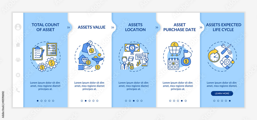 Investment inventory elements onboarding vector template. Assets value ...