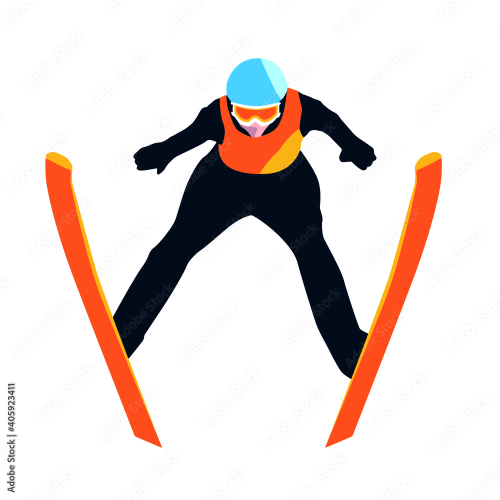 Straight front view of a ski jump athlete in V-style, vector ...