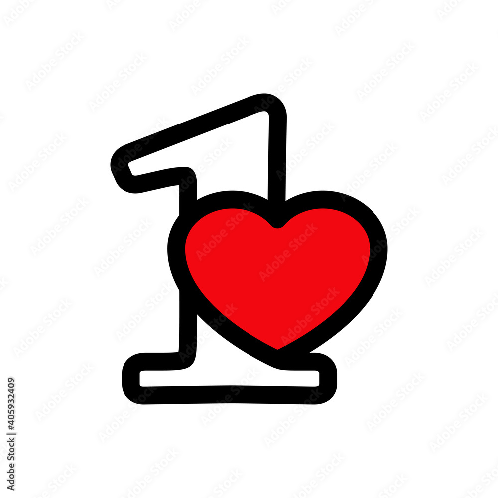 Día de San Valentín. Logotipo contorno corazón con número 1 con lineas ...